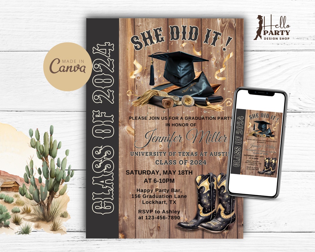 She Did It - Western Graduation Party Invitation - Digital Invite ...