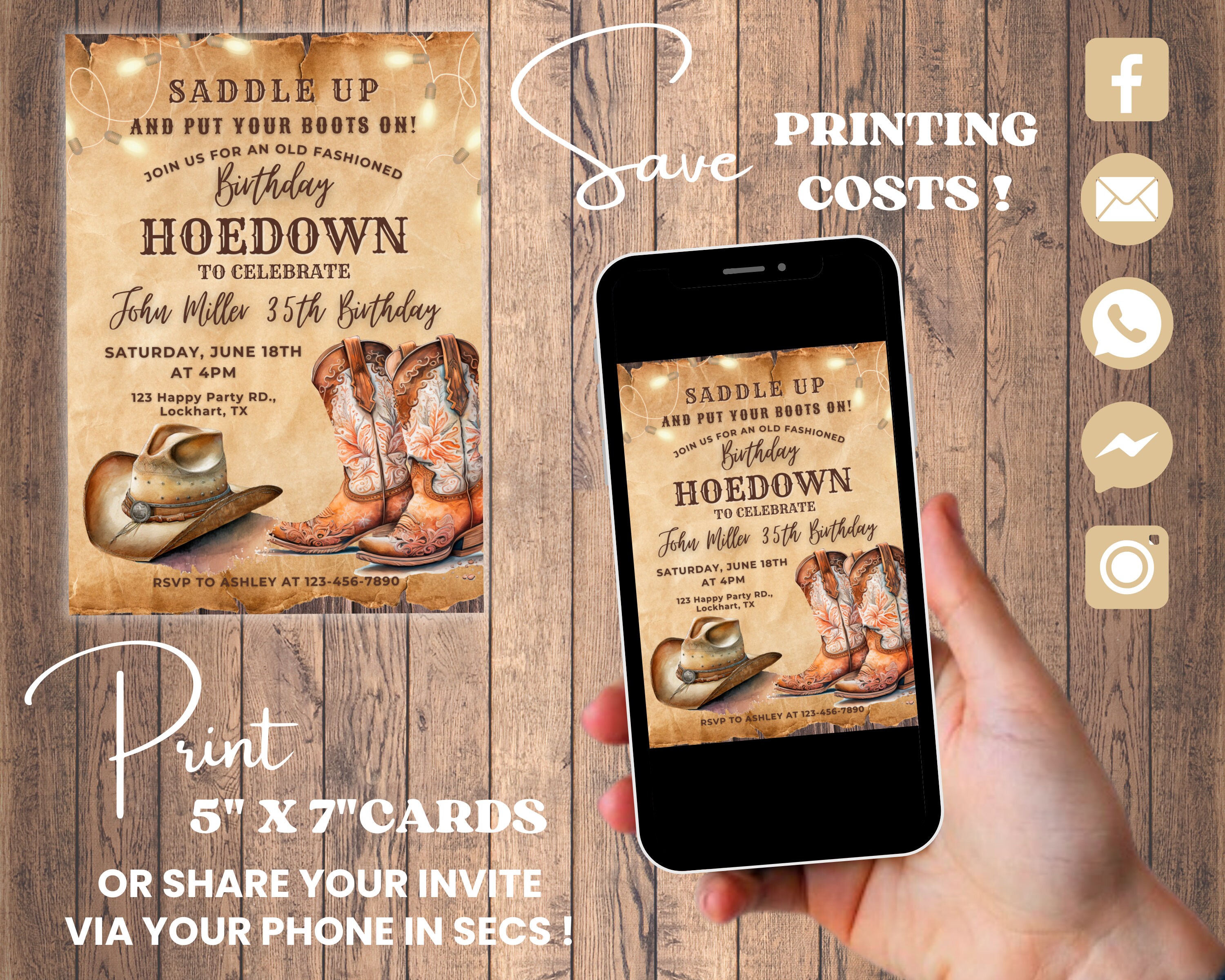 Editable Hoedown Birthday Party Invitation western Cowboy Digital ...