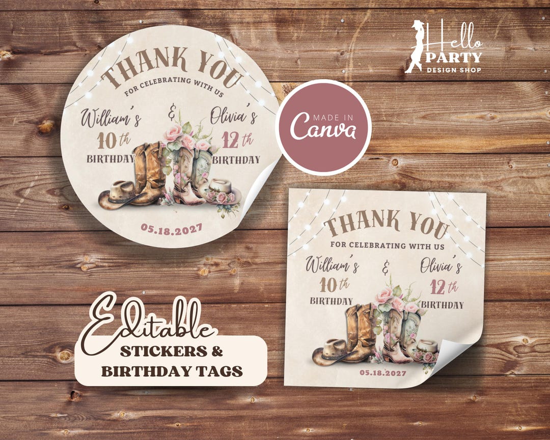 Western Double Birthday Tags, Cowboy Cowgirl Joint Birthday Stickers ...