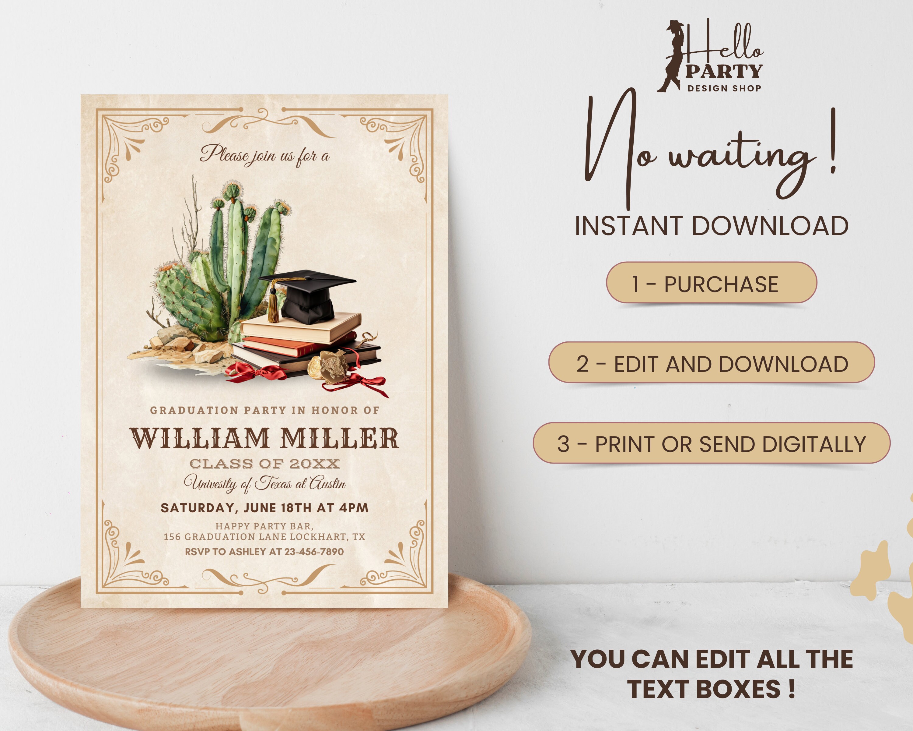 Editable Western Graduation Party Invitation Digital Invite Rustic ...