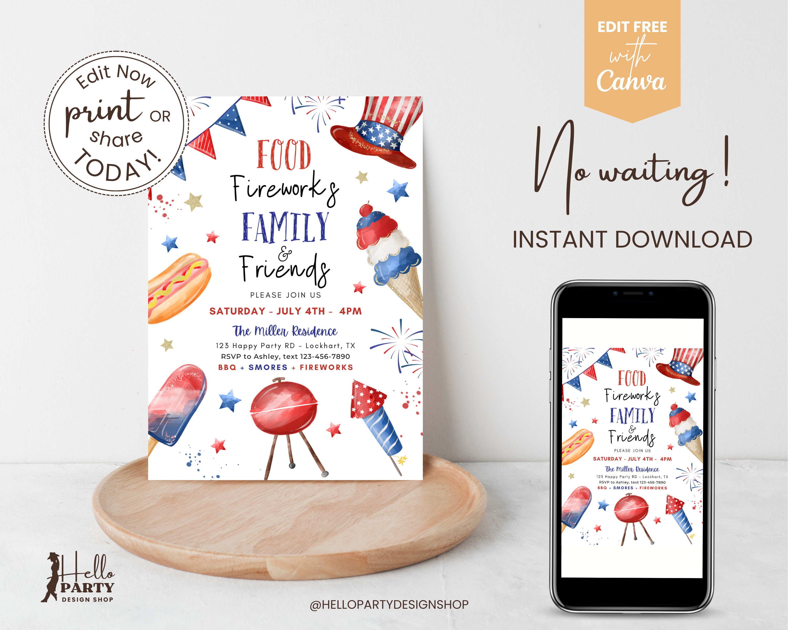 Editable 4th of July Cookout Invitation Food Fireworks Family Friends ...