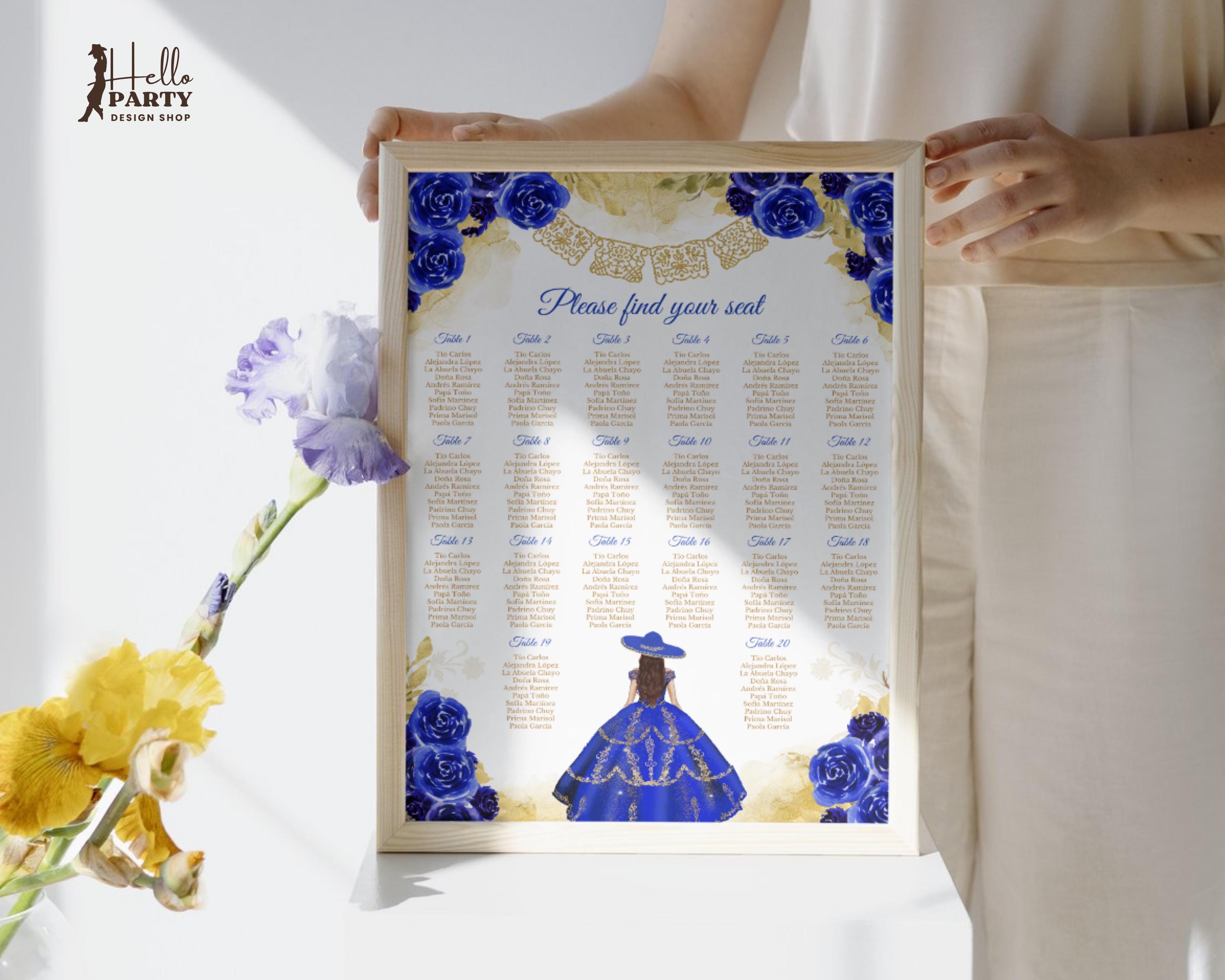 Editable Quinceañera Seating Chart, Table Plan, Royal Blue Gold Charra ...