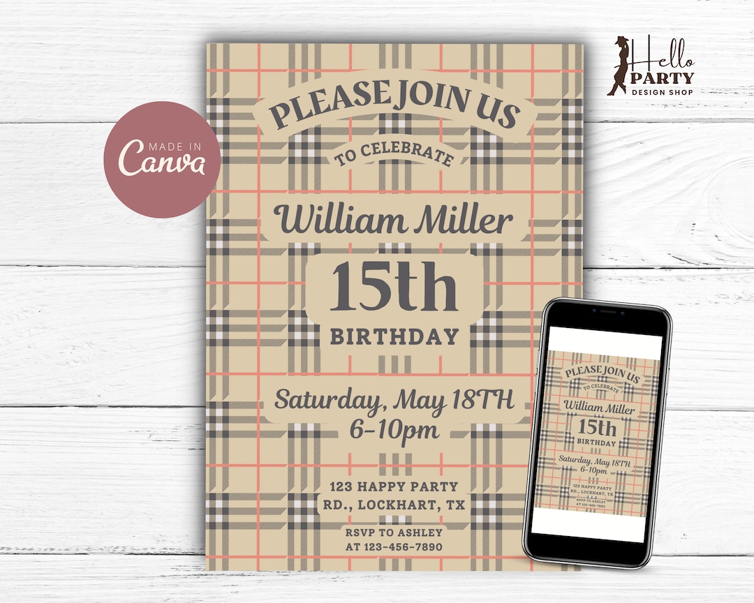 Editable Burberry Birthday Party Invitation Teenage Digital Invite ...