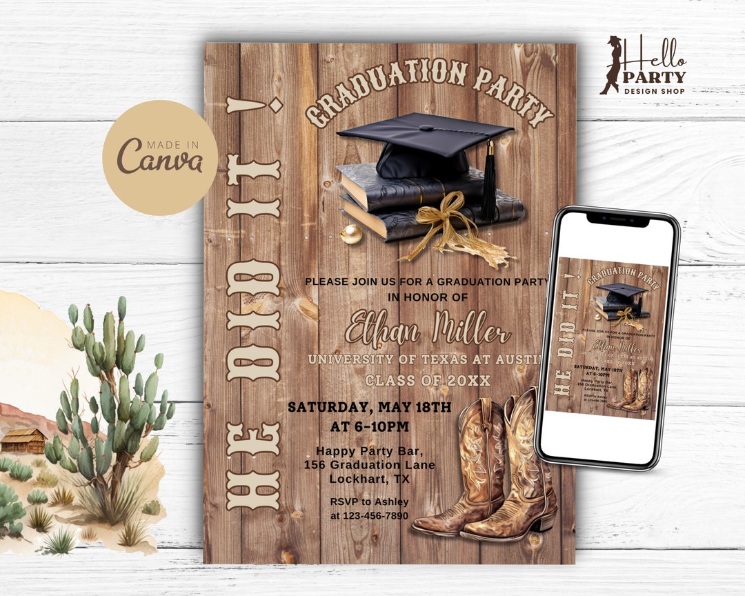 Editable Western Graduation Party Invitation - Digital Invite Rustic ...