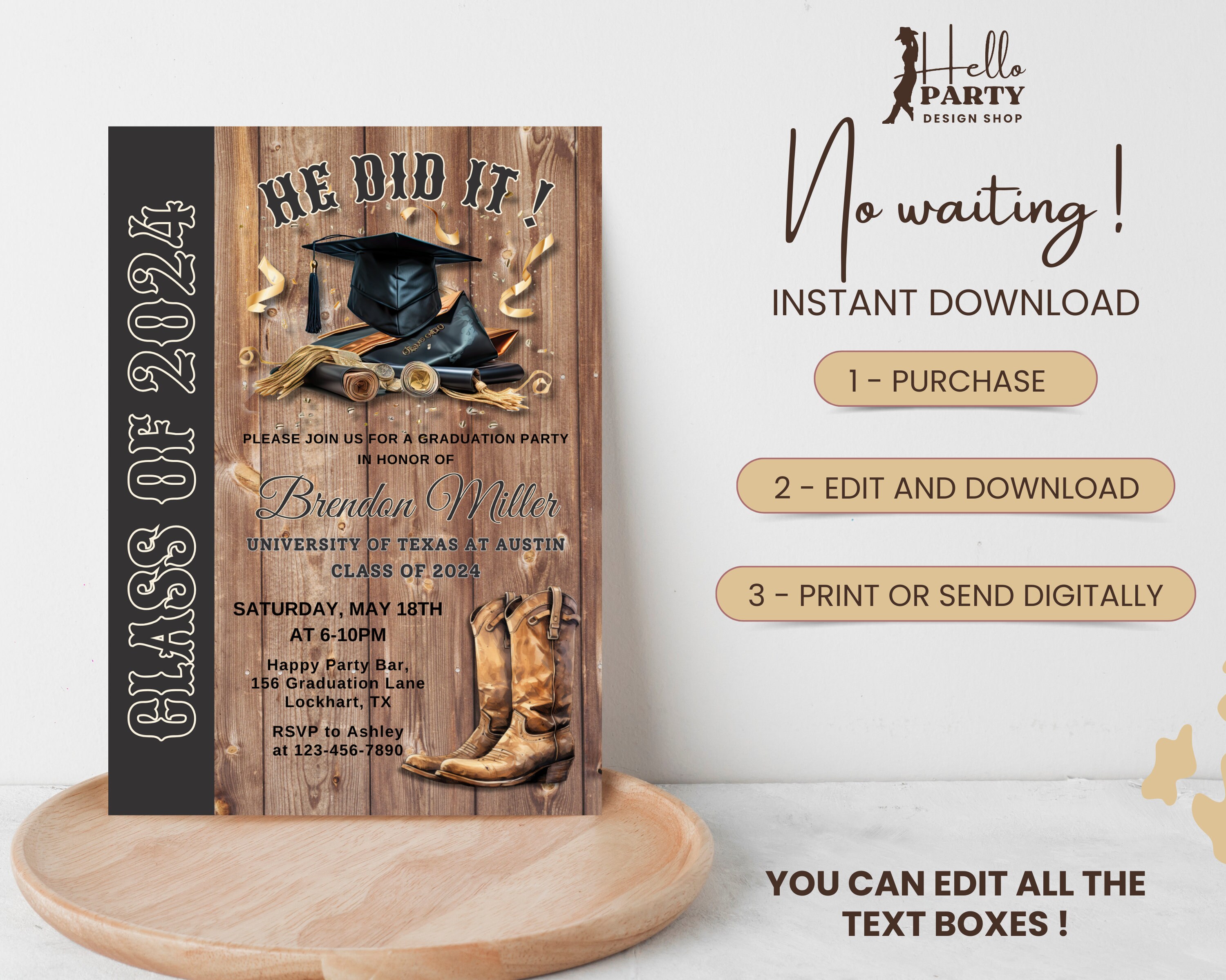 Editable Western Graduation Party Invitation - Digital Invite Rustic ...