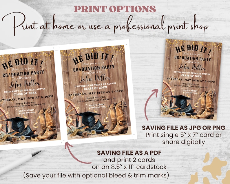 Editable Western Graduation Party Invitation - Digital Invite Rustic ...