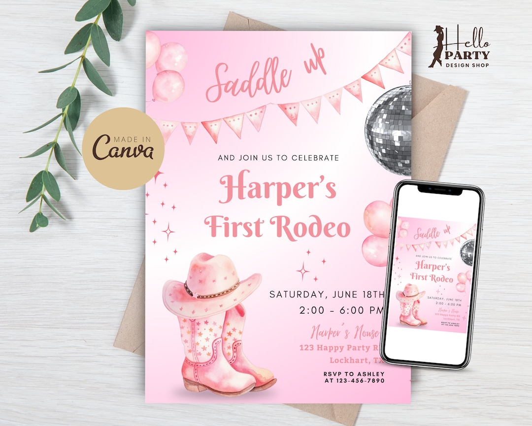 Pink Disco My First Rodeo Invitation Cowgirl Birthday Invite Canva ...