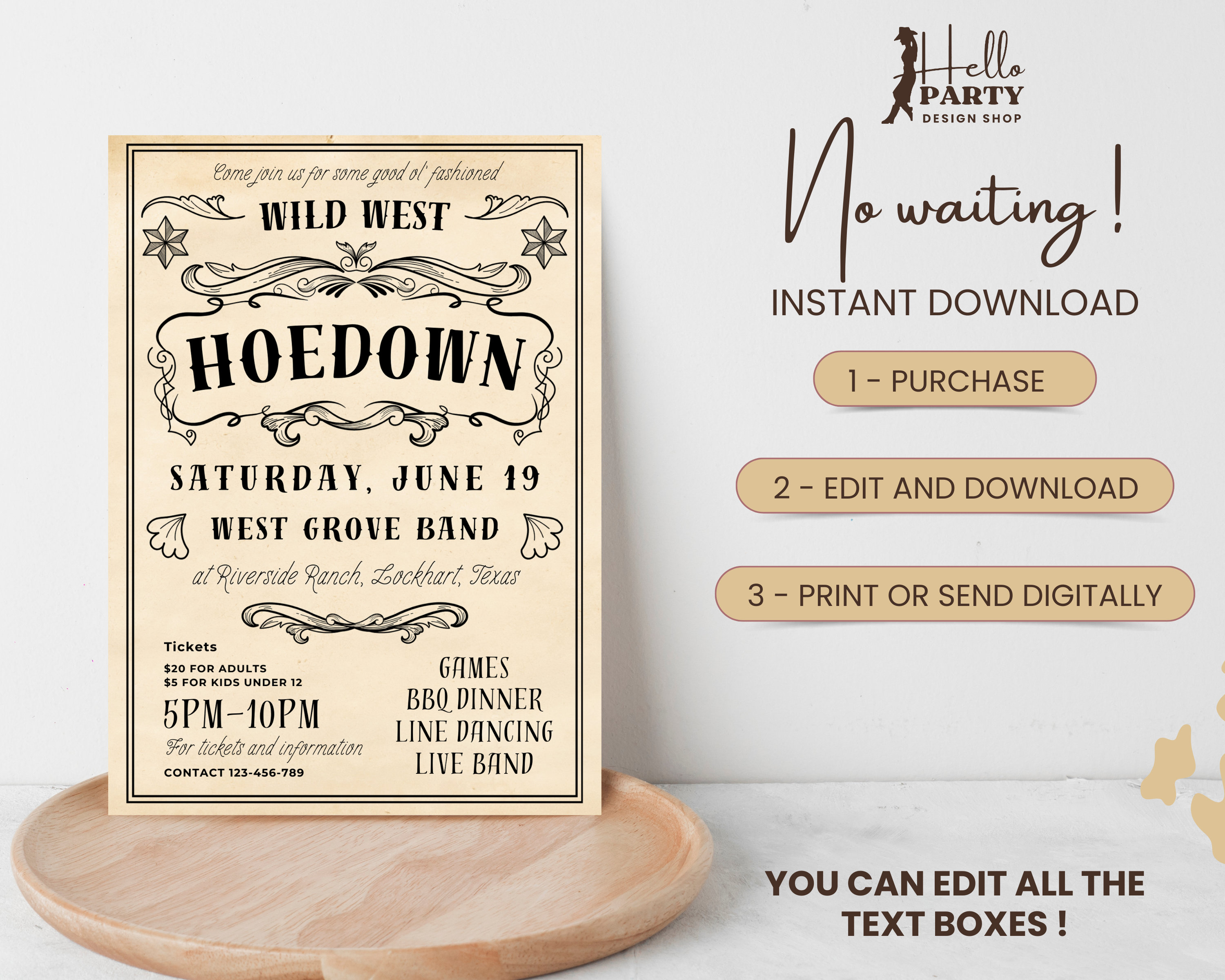 Wild West Hoedown Flyer country Party Invitation rustic Editable ...