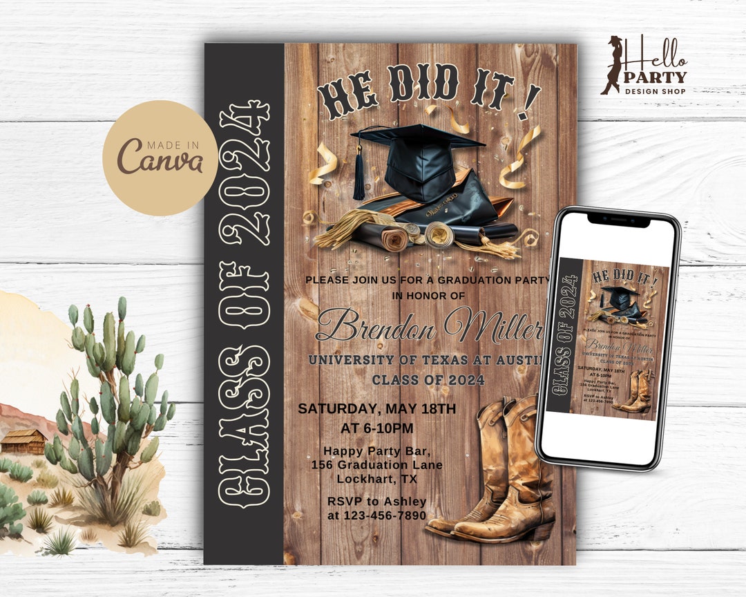 Editable Western Graduation Party Invitation - Digital Invite Rustic ...