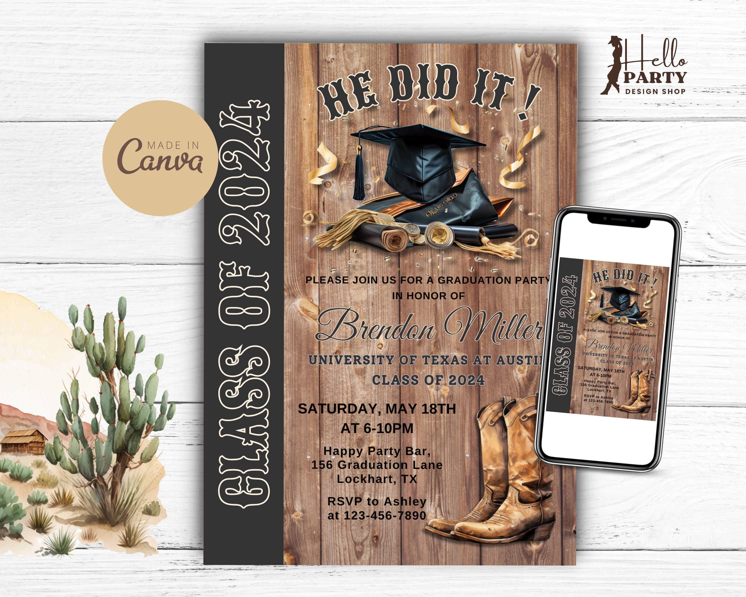 Editable Western Graduation Party Invitation - Digital Invite Rustic ...