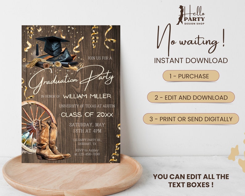Editable Western Graduation Party Invitation Digital Invite Rustic ...