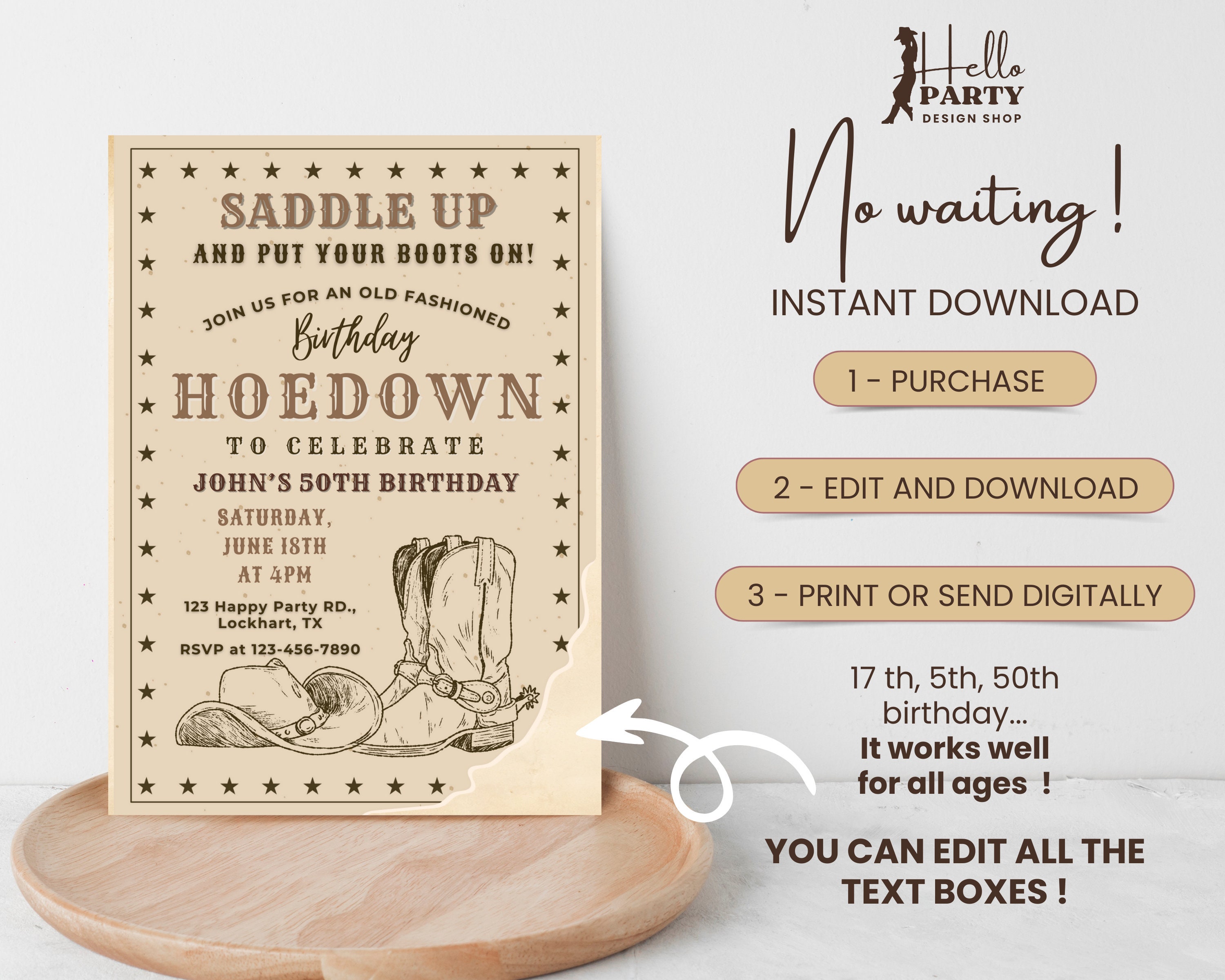 Editable Western Hoedown Birthday Party Invitation Cowboy Digital ...