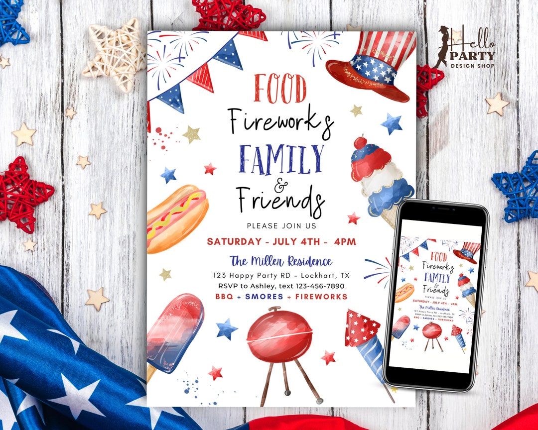 Editable 4th of July Cookout Invitation - Food Fireworks Family Friends ...