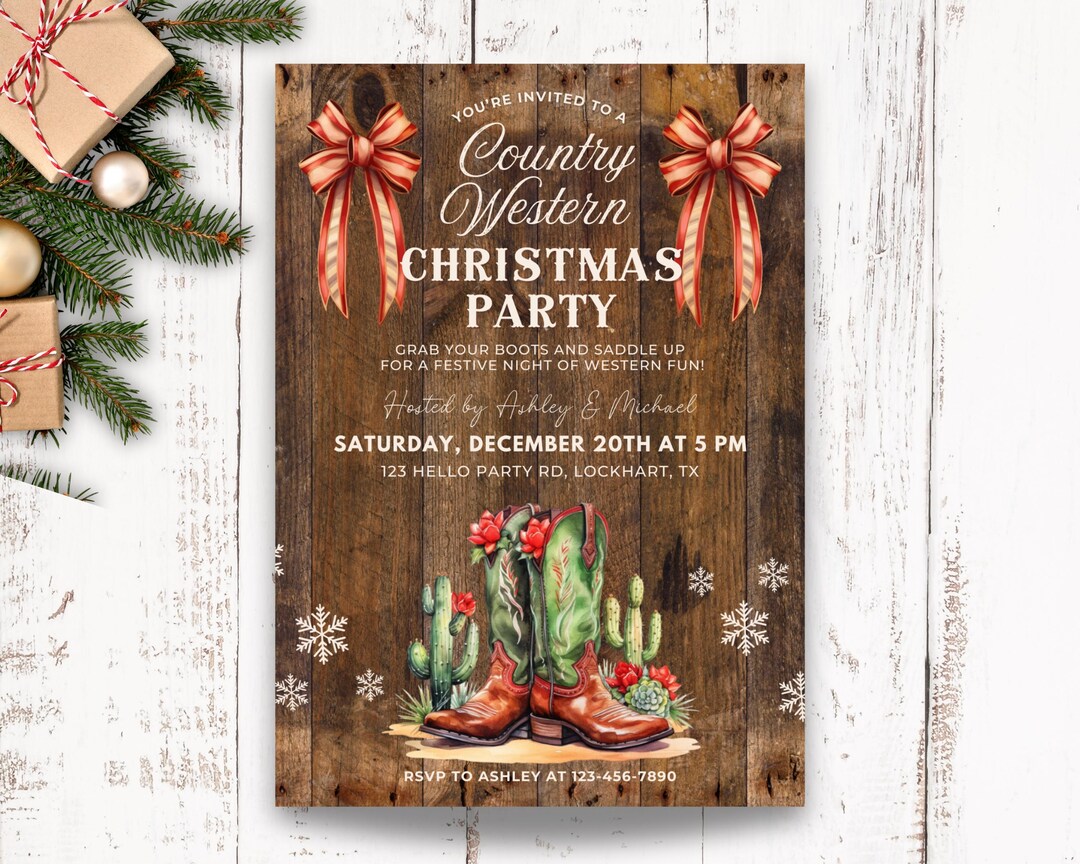 Editable Country Western Christmas Party Invitation, Holiday Hoedown ...