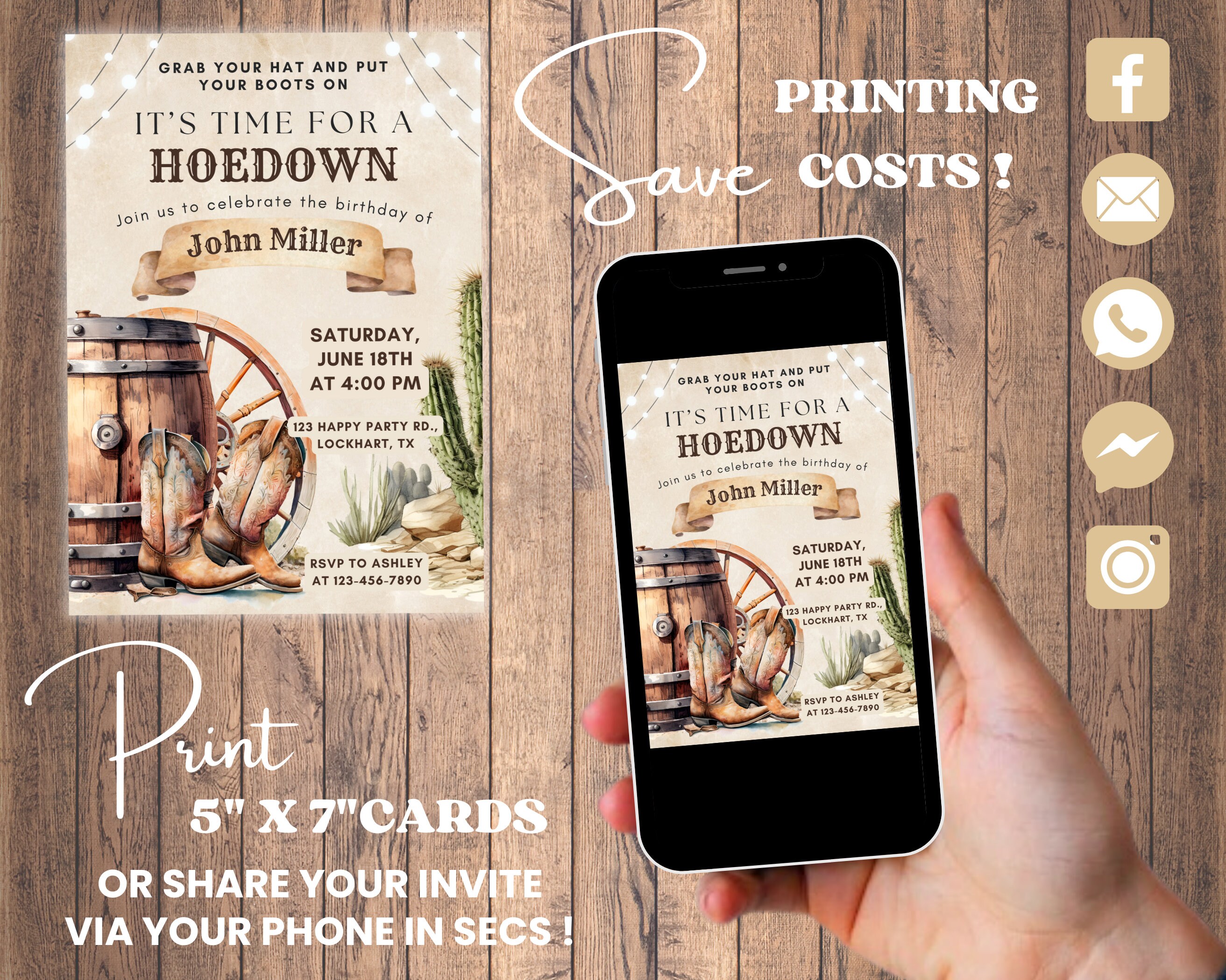 Editable Hoedown Birthday Party Invitation Cowboy Digital Invite Rustic ...