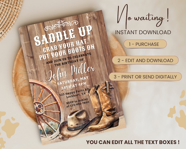 Editable saddle Up Birthday Party Invitation western Cowboy Digital ...