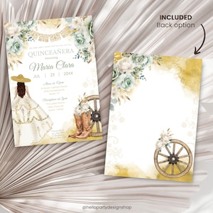Editable Ivory Gold Charro Quinceañera Invitation Sombrero, Pale Sage ...