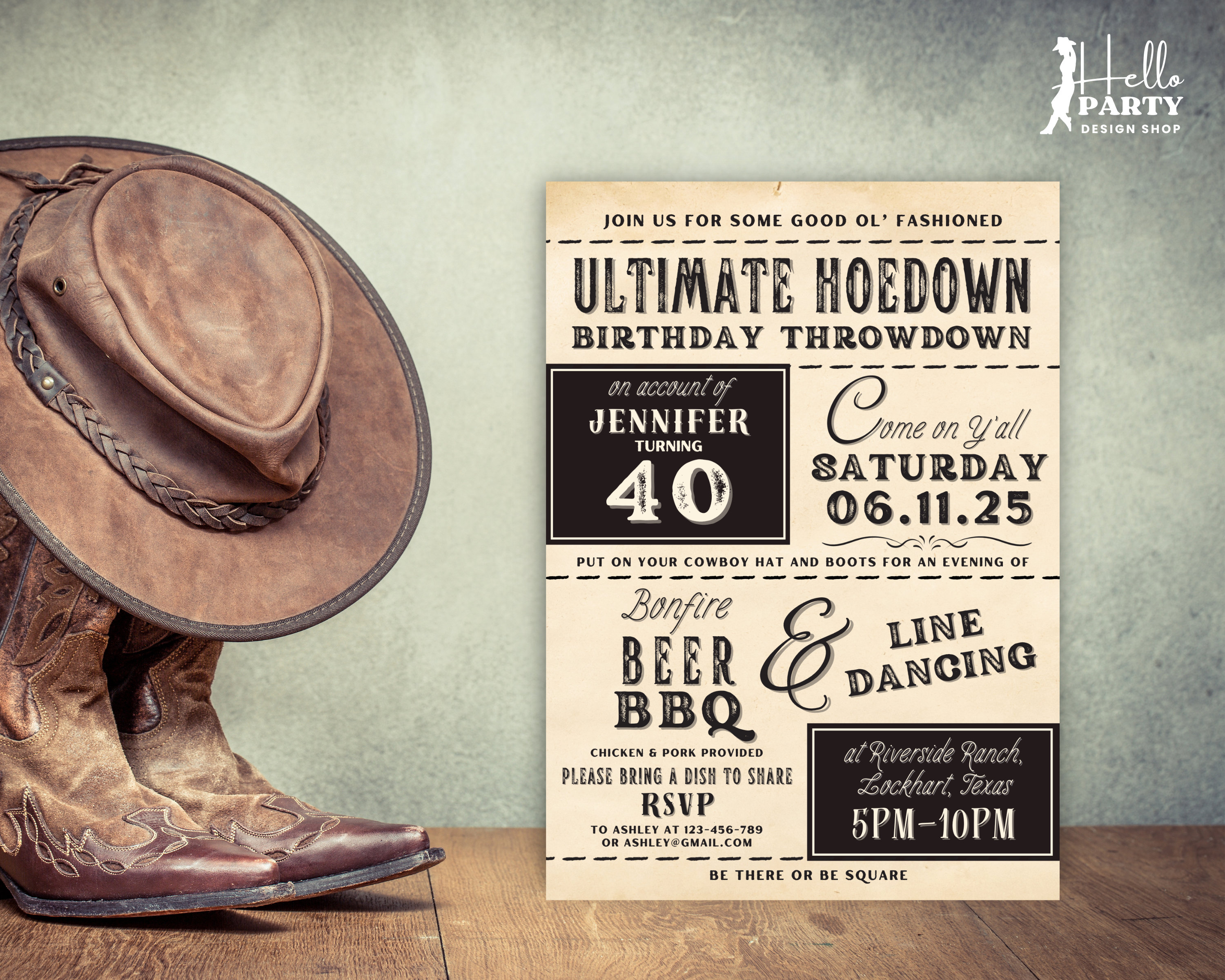 Hoedown Birthday Throwdown Bonfire Beer BBQ Invitation Western Cowboy ...