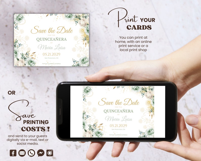 Pale Sage Green Gold Quinceañera Save the Date 5" X 3.5" Card, Ivory ...