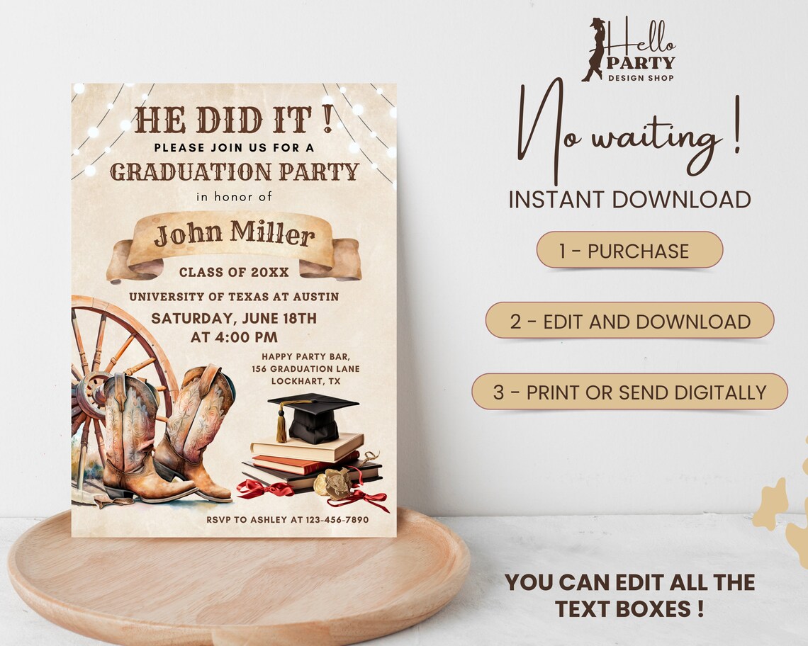 Editable Western Graduation Party Invitation Digital Invite Rustic ...