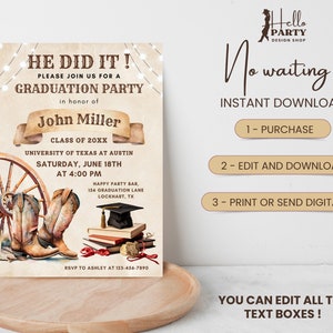Editable Western Graduation Party Invitation - Digital Invite Rustic ...