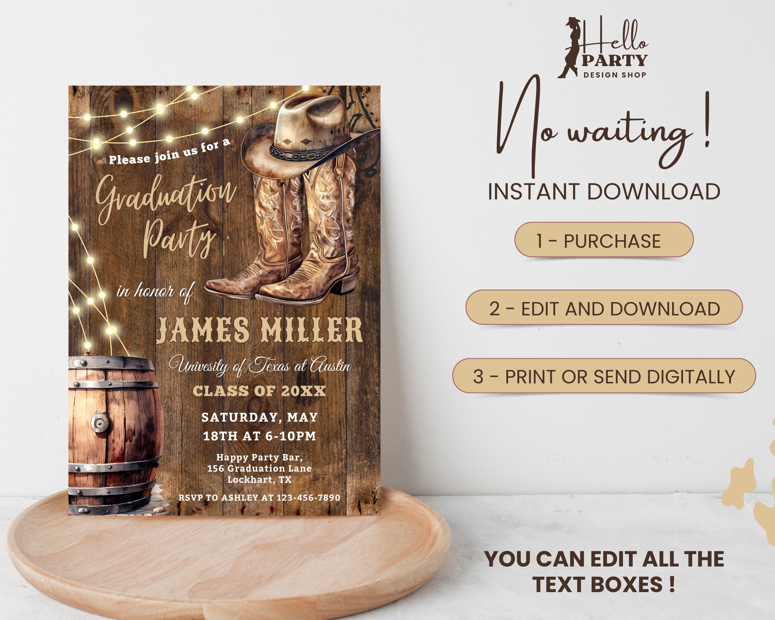 Editable Western Graduation Party Invitation Digital Invite Rustic ...