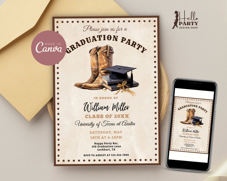 Editable Western Graduation Party Invitation - Digital Invite Rustic ...