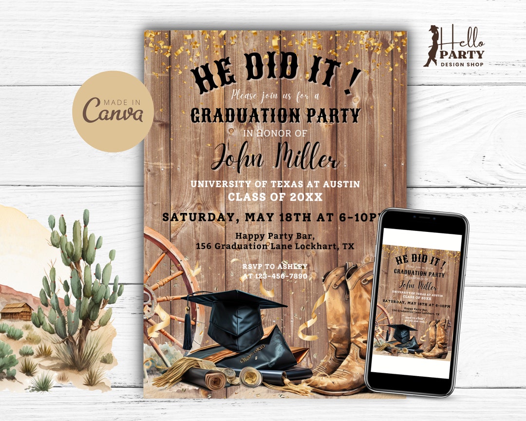 Editable Western Graduation Party Invitation - Digital Invite Rustic ...