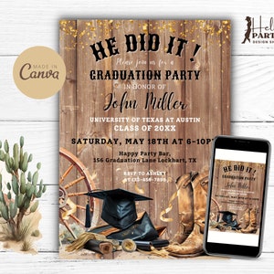 Editable Western Graduation Party Invitation - Digital Invite Rustic ...