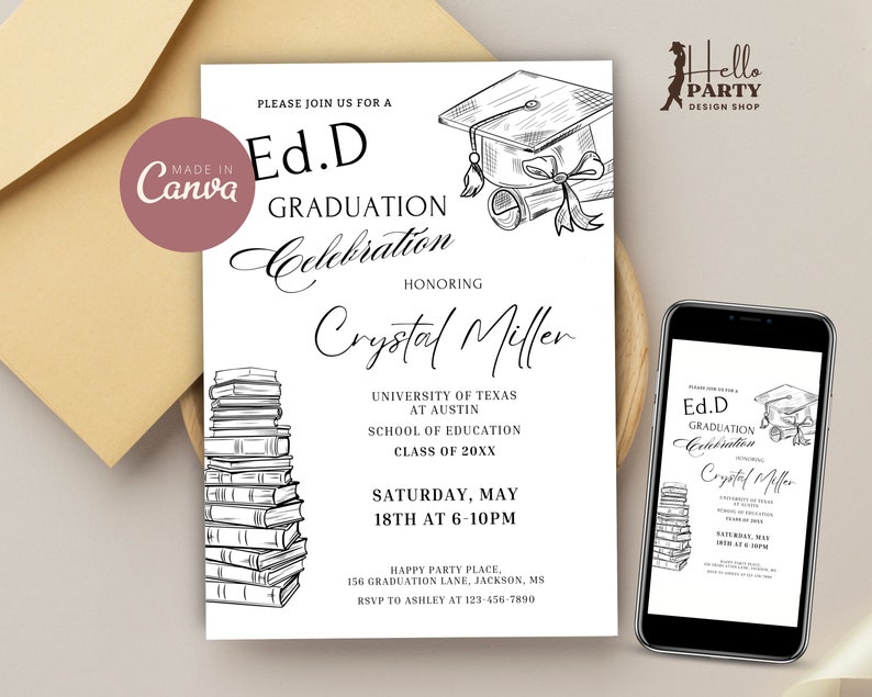 Minimalist Ed.d Graduation Party Invitation Education Doctorate Digital ...