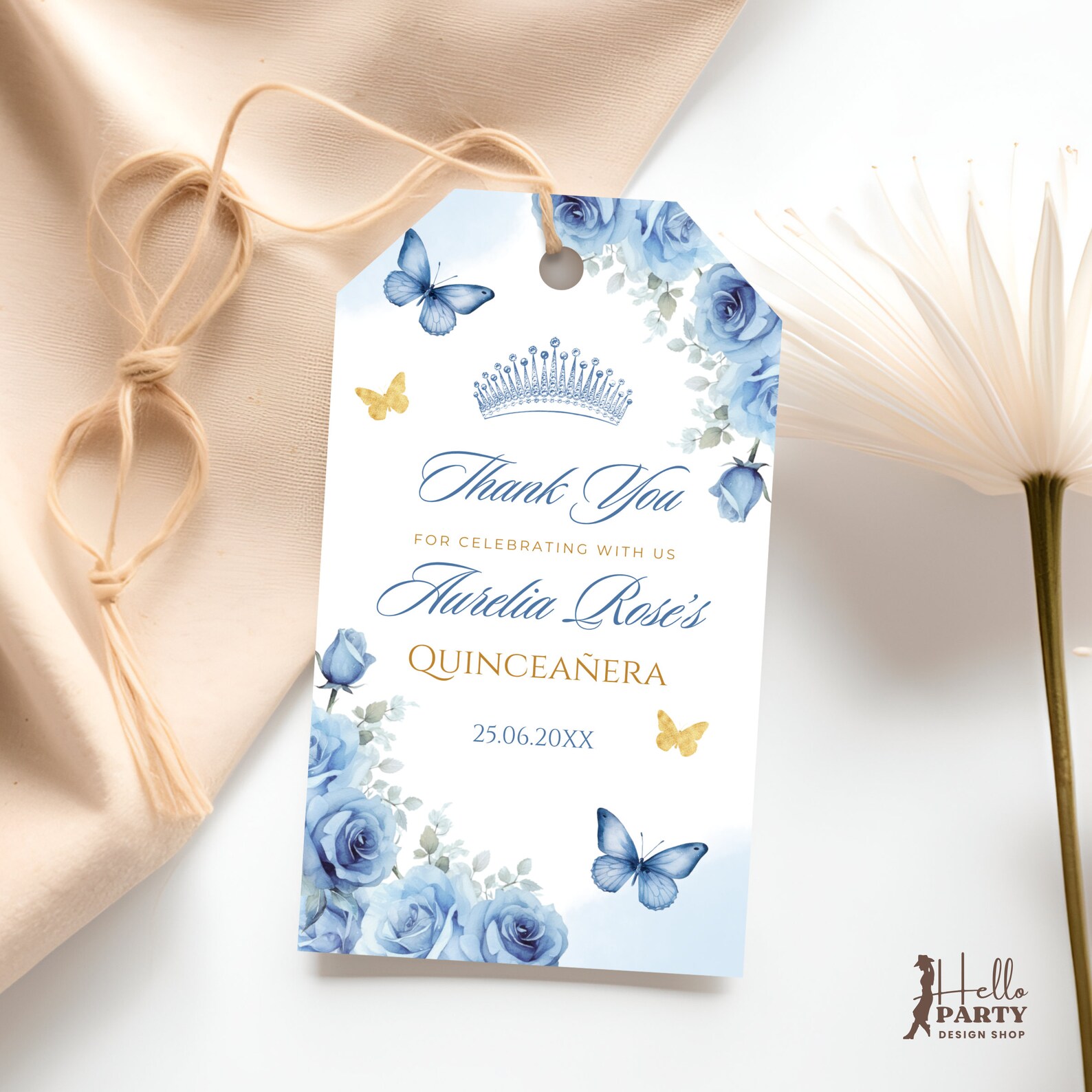 Editable Blue Gold Quinceañera Thank You Tag 15th Birthday Party ...