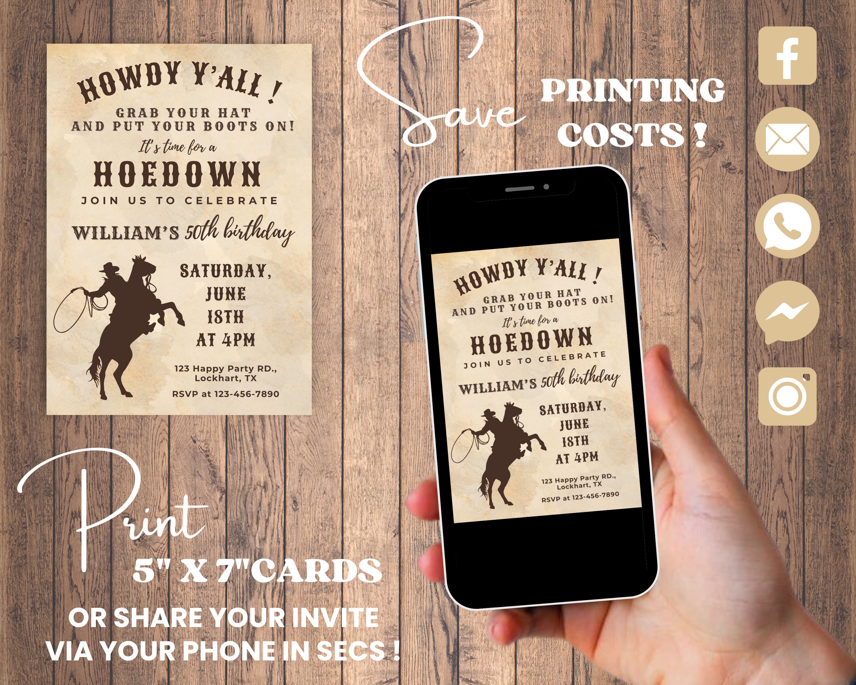 Editable Western Hoedown Birthday Invitation cowboy Rodeo Silhouette ...