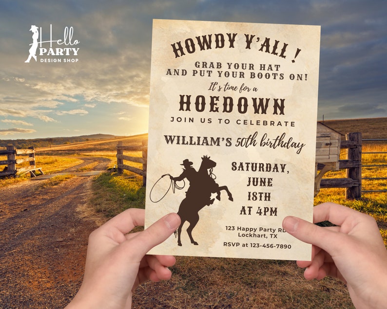 Editable Western Hoedown Birthday Invitation cowboy Rodeo Silhouette ...