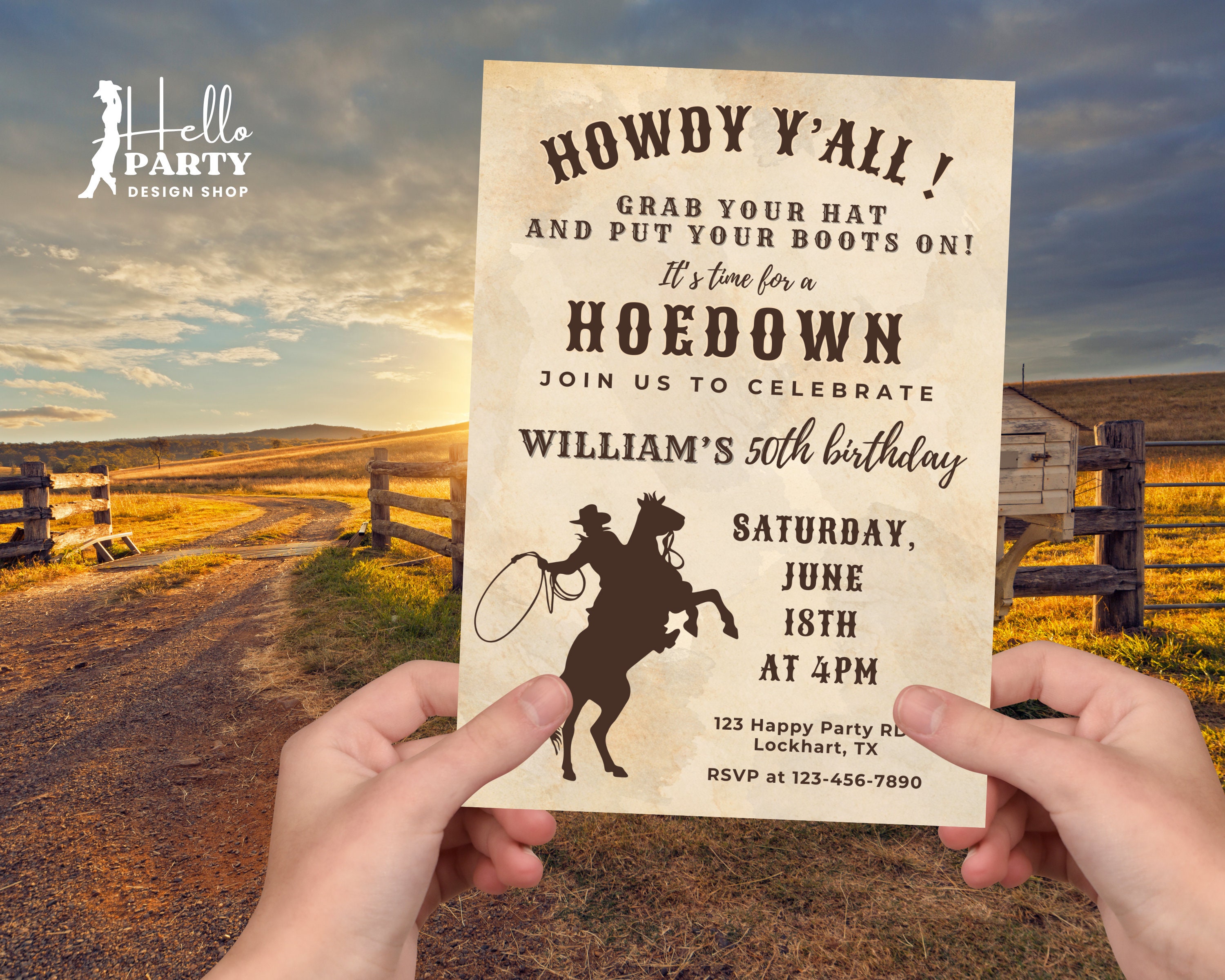 Editable Western Hoedown Birthday Invitation cowboy Rodeo Silhouette ...