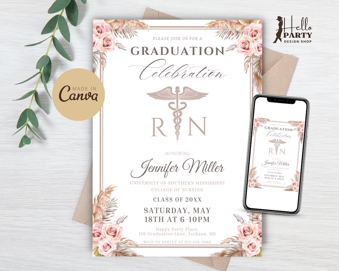 Editable Boho Floral RN Nursing Graduation Party Invitation - Nurse ...