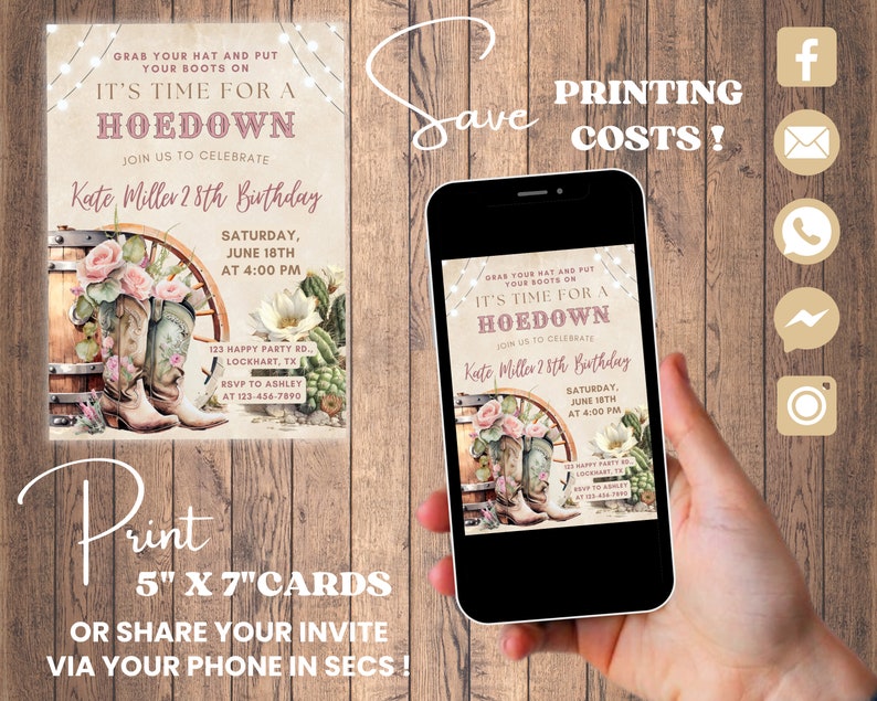 Editable Hoedown - Cowgirl Birthday Party Invitation -western Digital ...