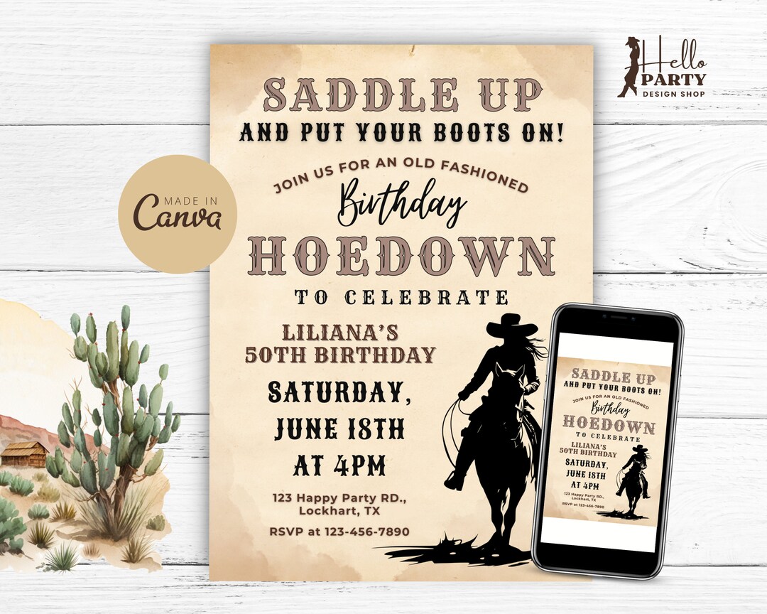 Editable Cowgirl Riding Horse Hoedown Invitation - Saddle up Western ...