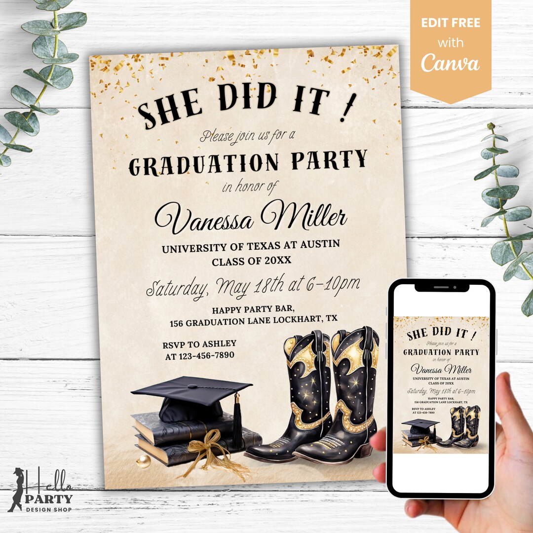 She Did It - Western Graduation Party Invitation - Digital Invite ...