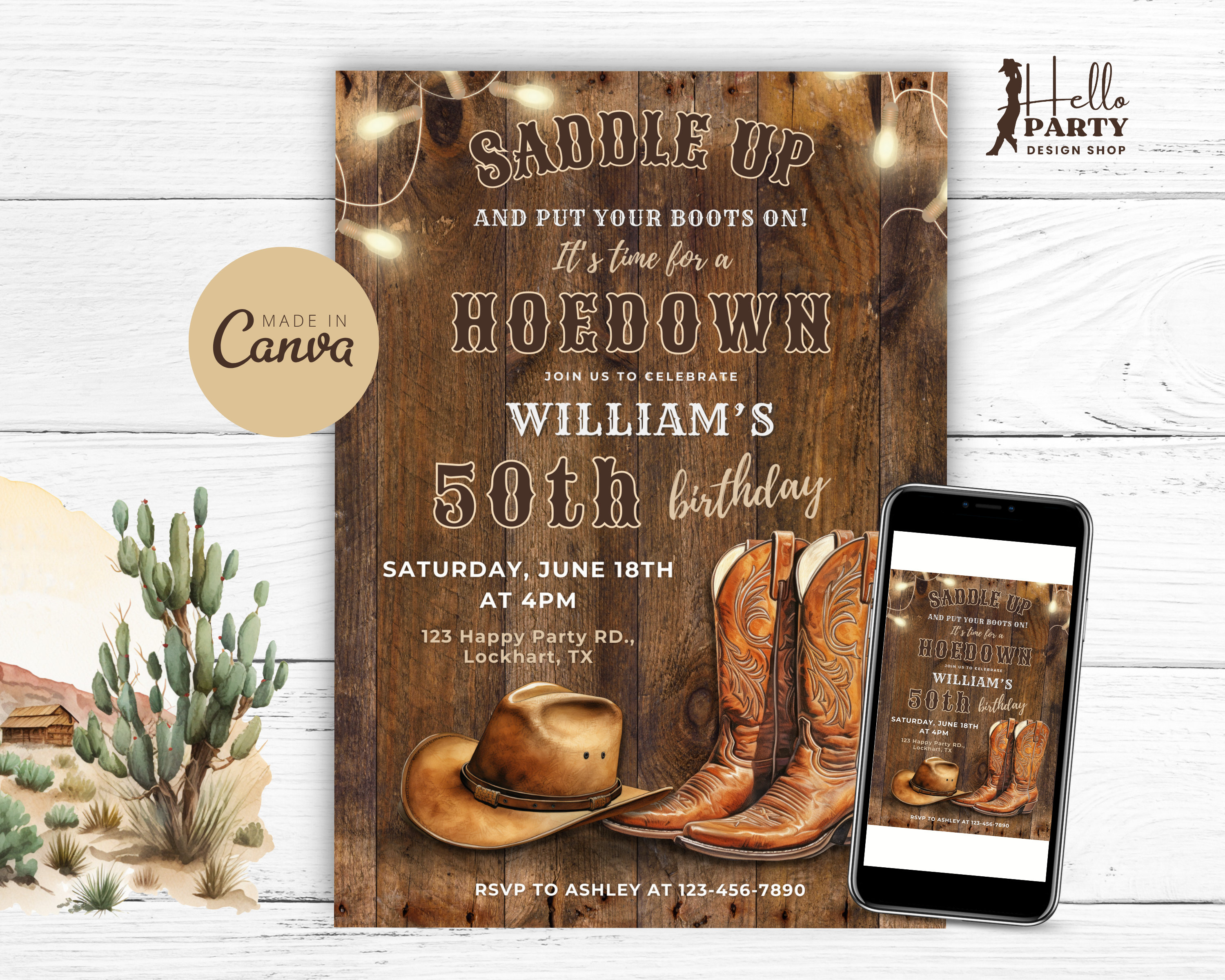 Editable Western Hoedown 50th Birthday Party Invitation - Cowboy ...
