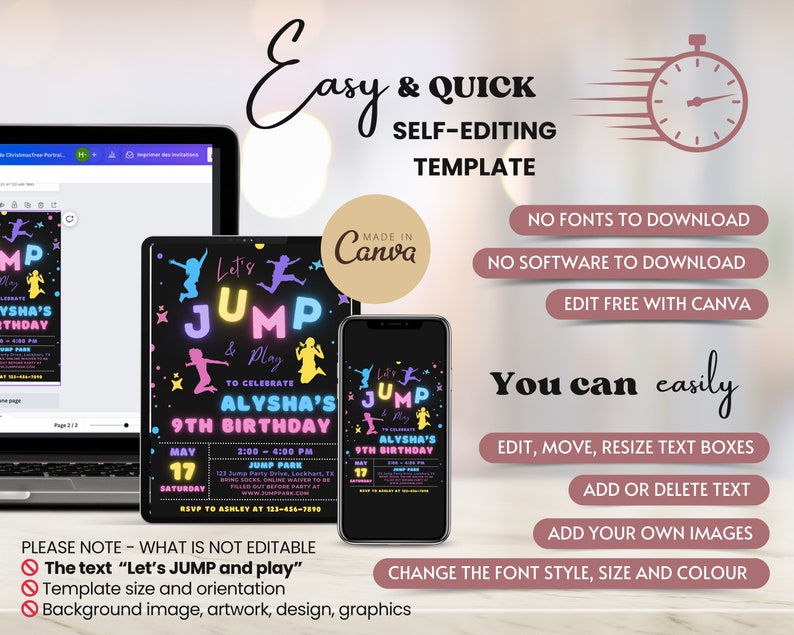 Editable Jump Birthday Party Invitation Trampoline Party Glow Invite Bounce House Let's Jump ...