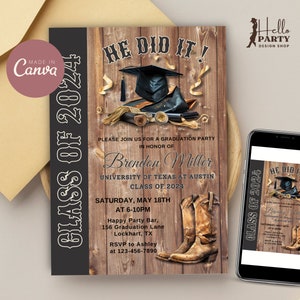 Editable Western Graduation Party Invitation - Digital Invite Rustic ...