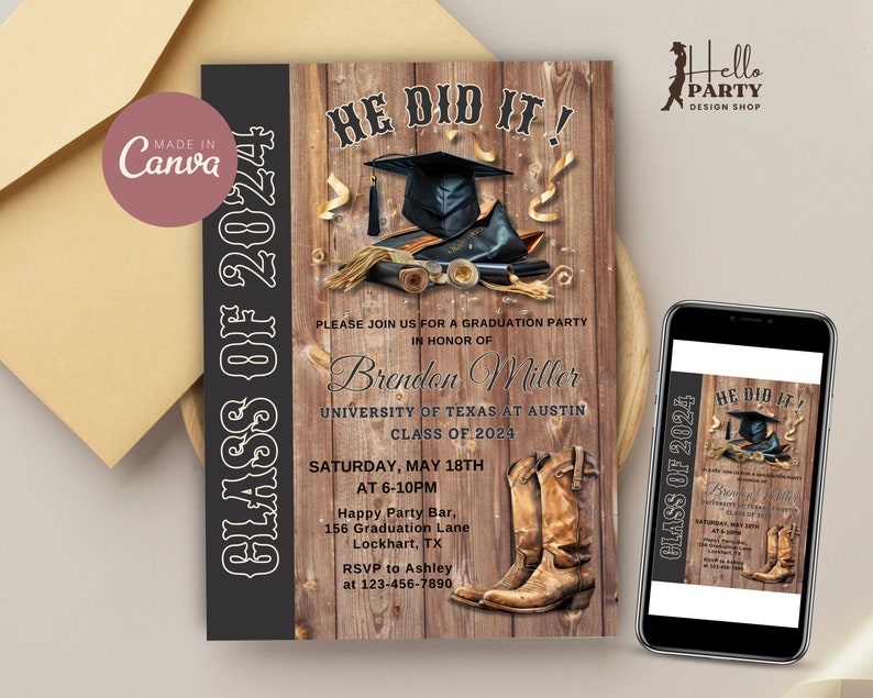 Editable Western Graduation Party Invitation - Digital Invite Rustic ...