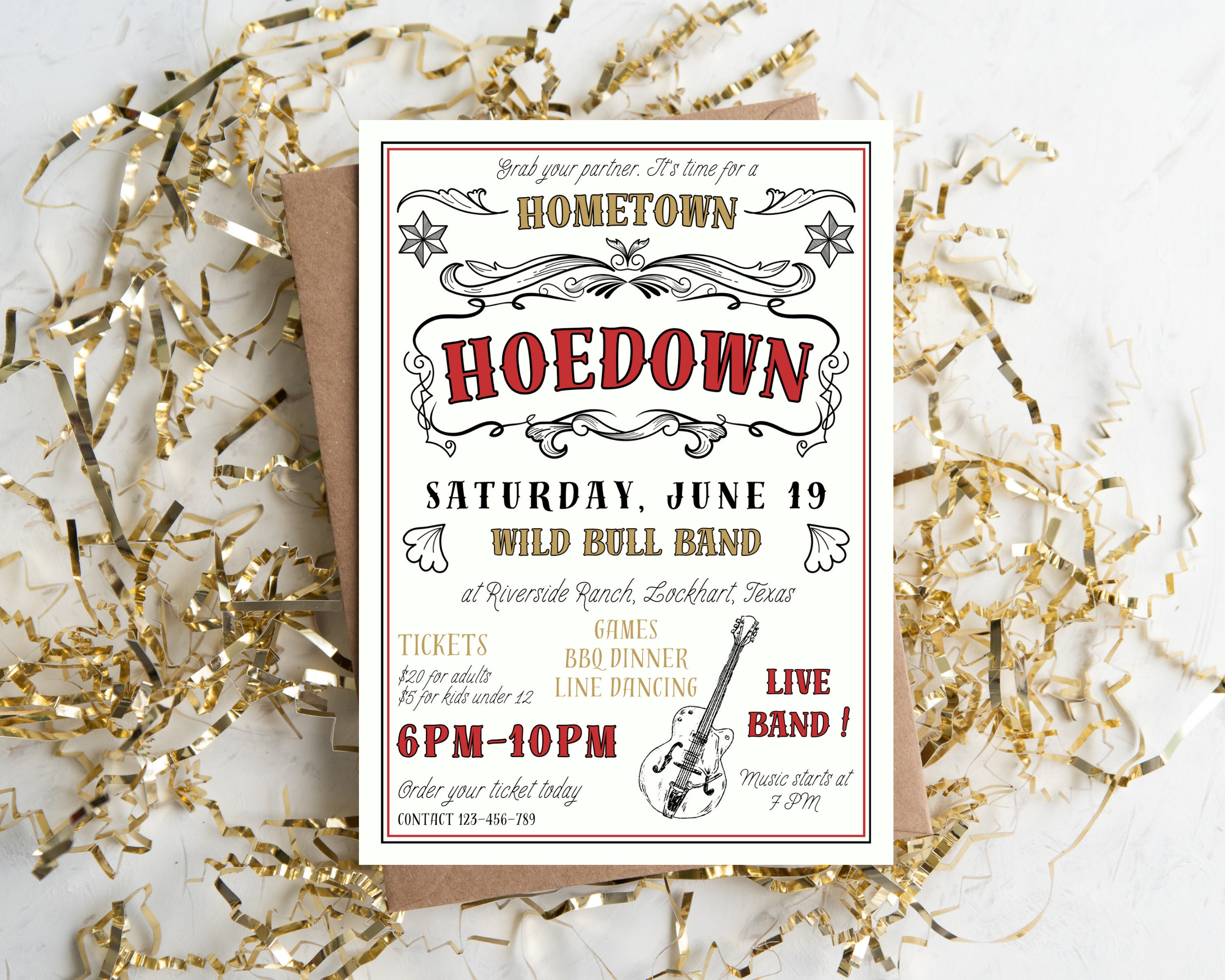Editable Vintage Red Hoedown Flyer country Guitar Party Invitation ...