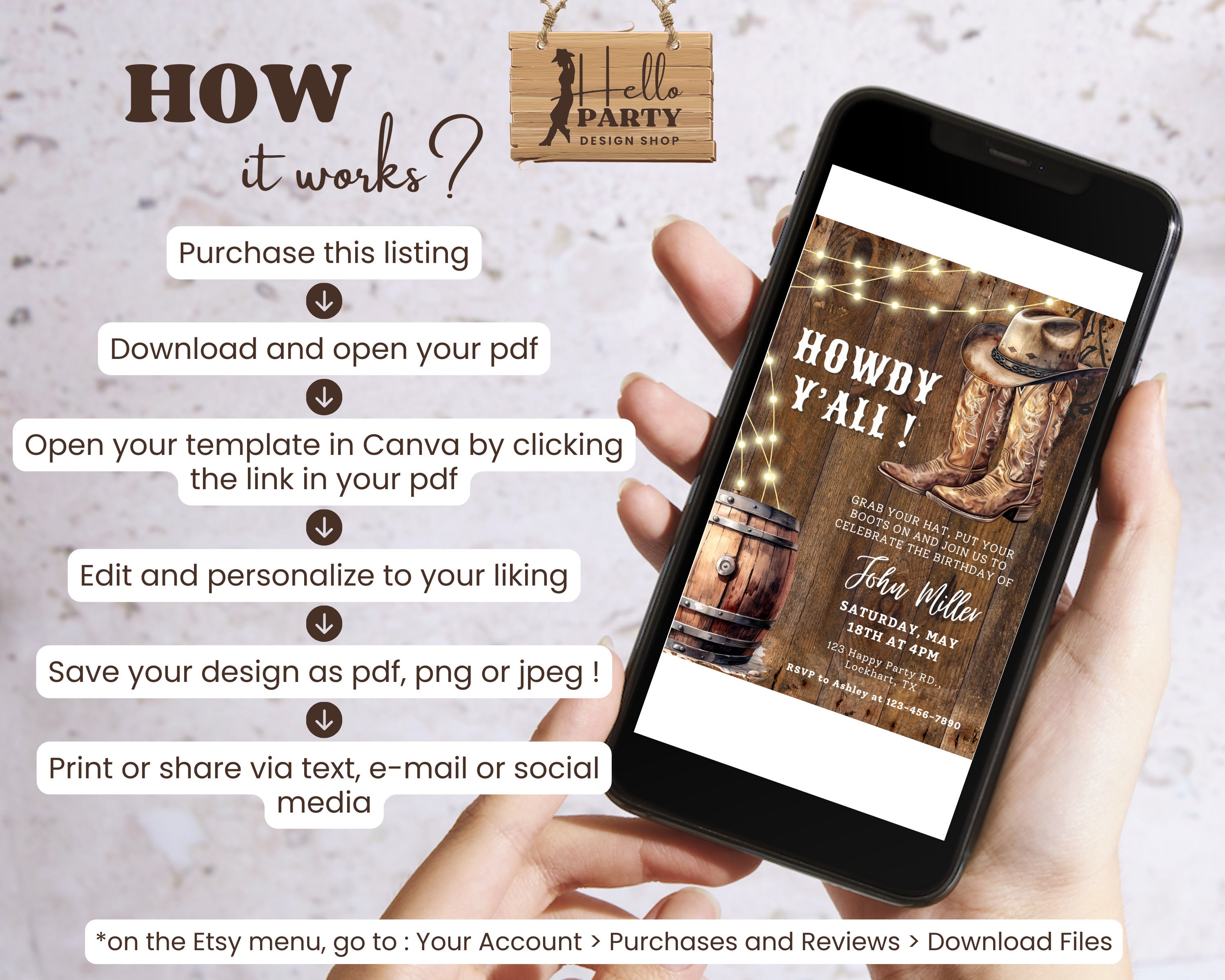 Editable Howdy Y'all Birthday Party Invitation western Cowboy Digital ...