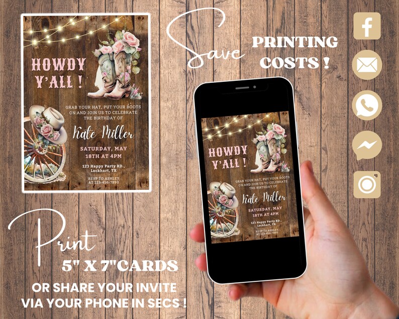 Editable Pink " Howdy Y'all " Birthday Party Invitation Western Cowgirl ...