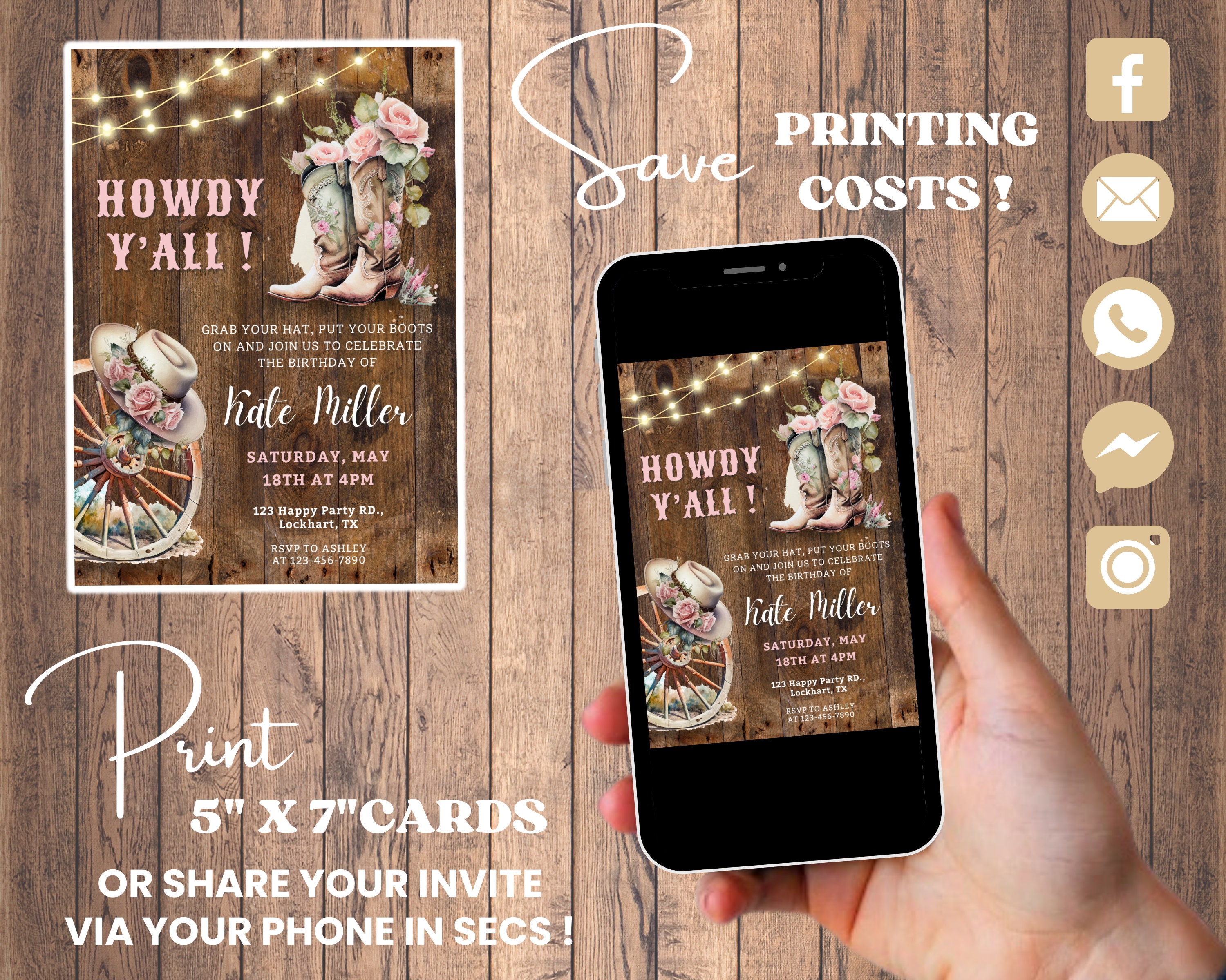 Editable Pink Howdy Y'all Birthday Party Invitation Western Cowgirl ...