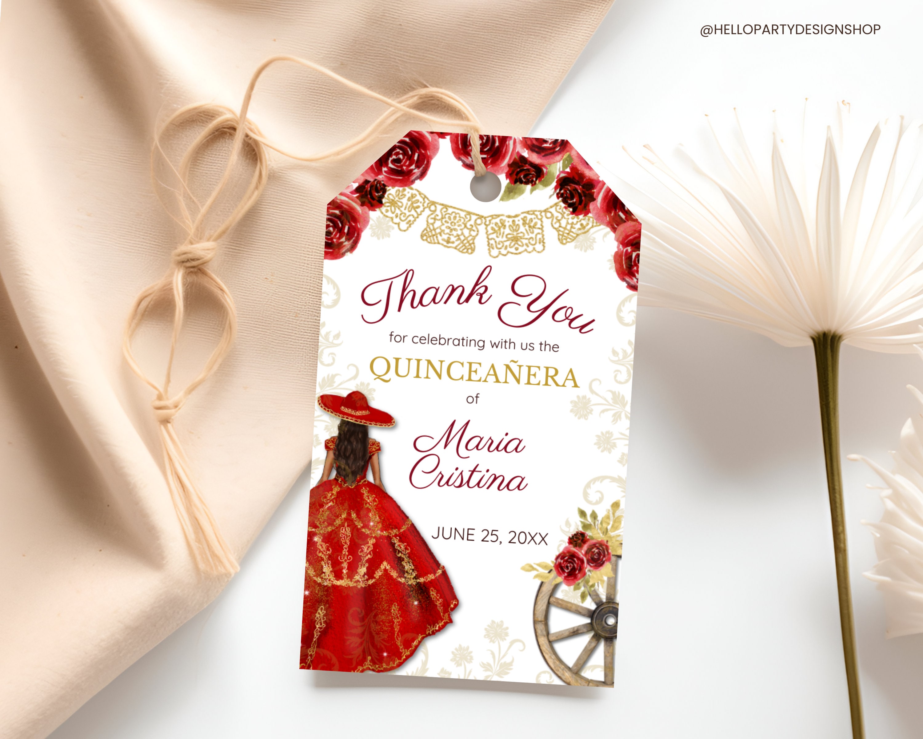 Editable Charra Red Gold Quinceañera Thank You Tag - Mexican 15th ...