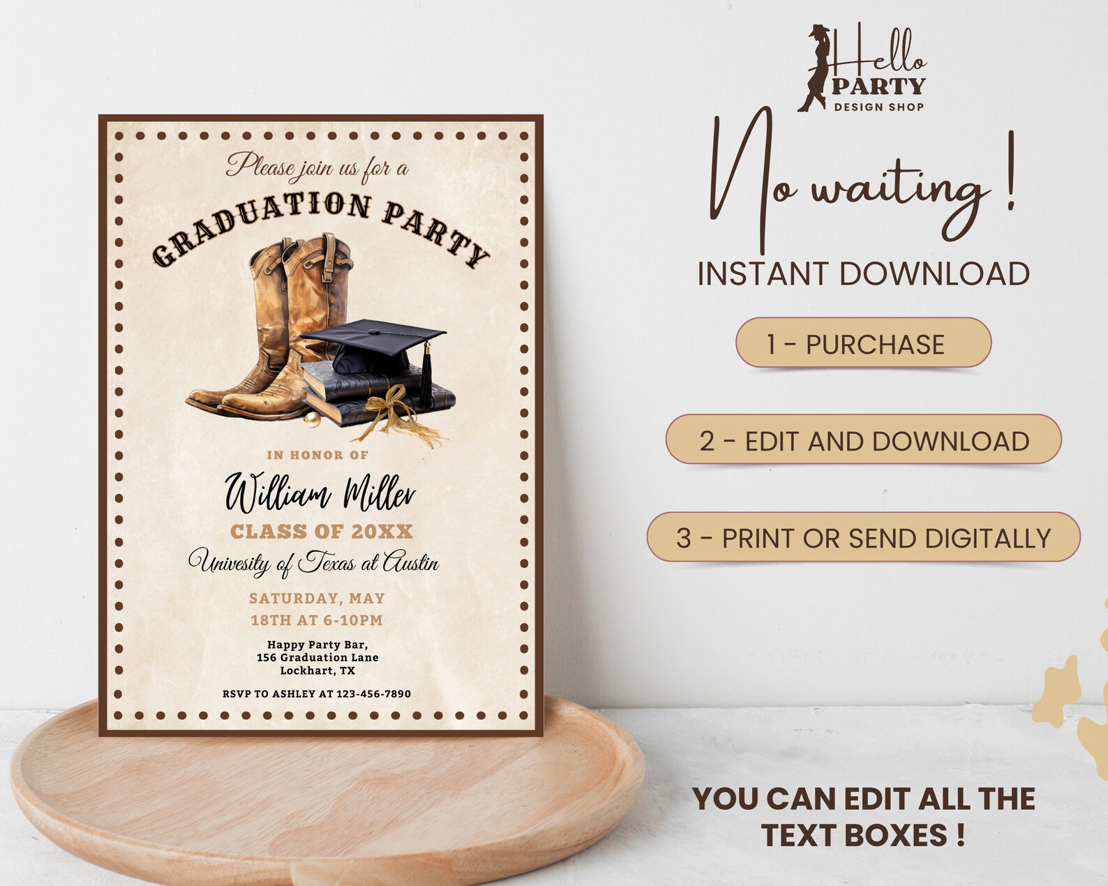 Editable Western Graduation Party Invitation - Digital Invite Rustic ...