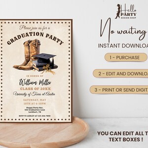 Editable Western Graduation Party Invitation - Digital Invite Rustic ...
