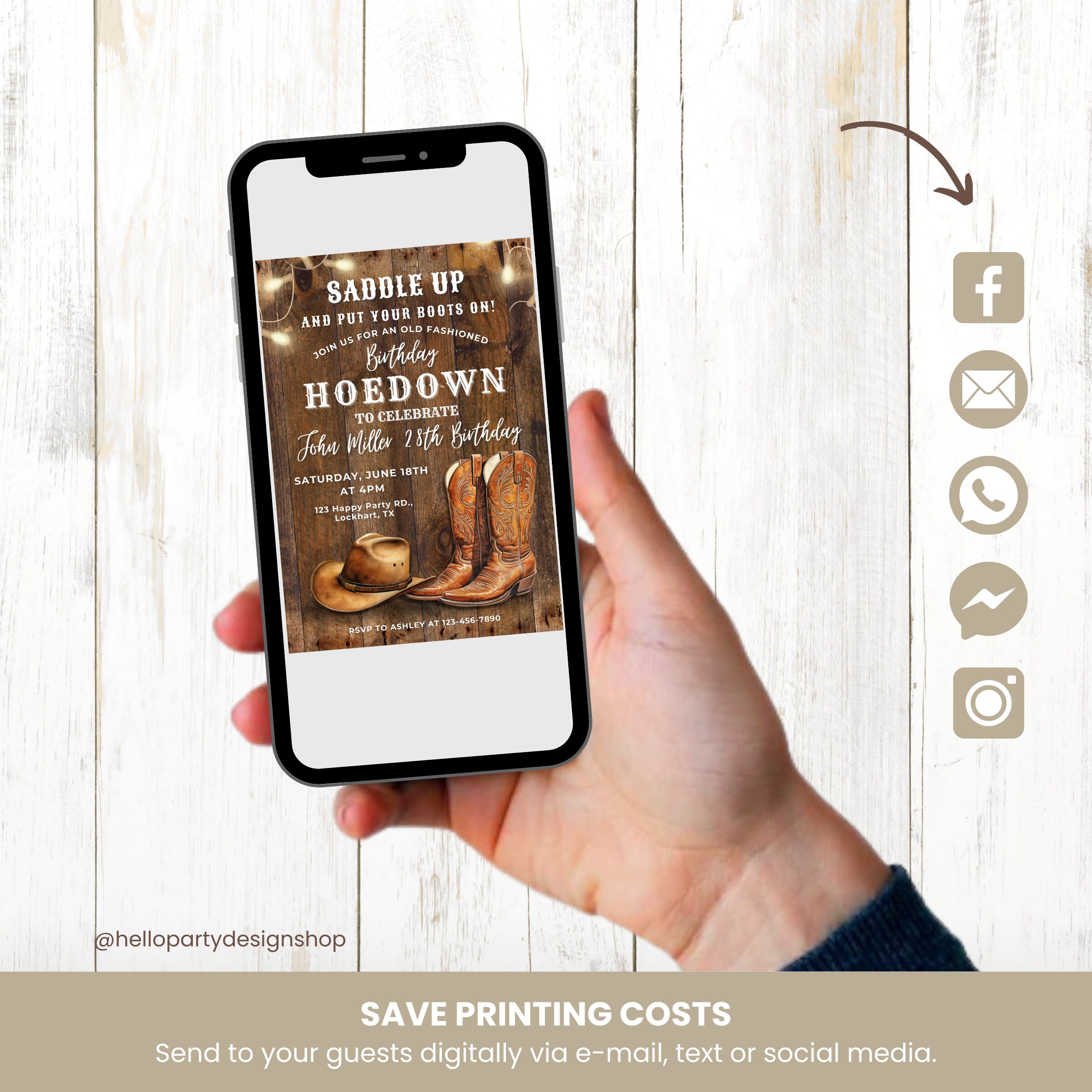 Editable Western Hoedown Invitation Thank You Tag Birthday Party ...